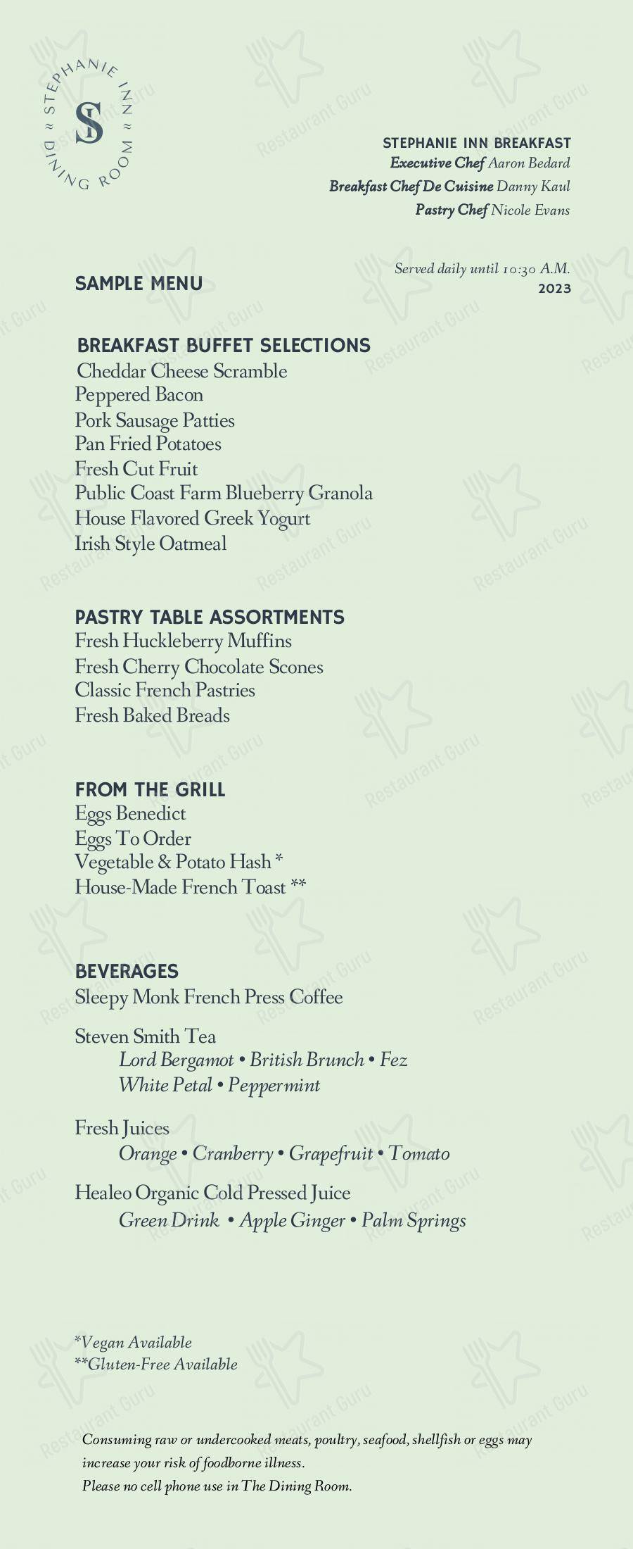 Menu at Stephanie Inn & Dining Room restaurant, Cannon Beach