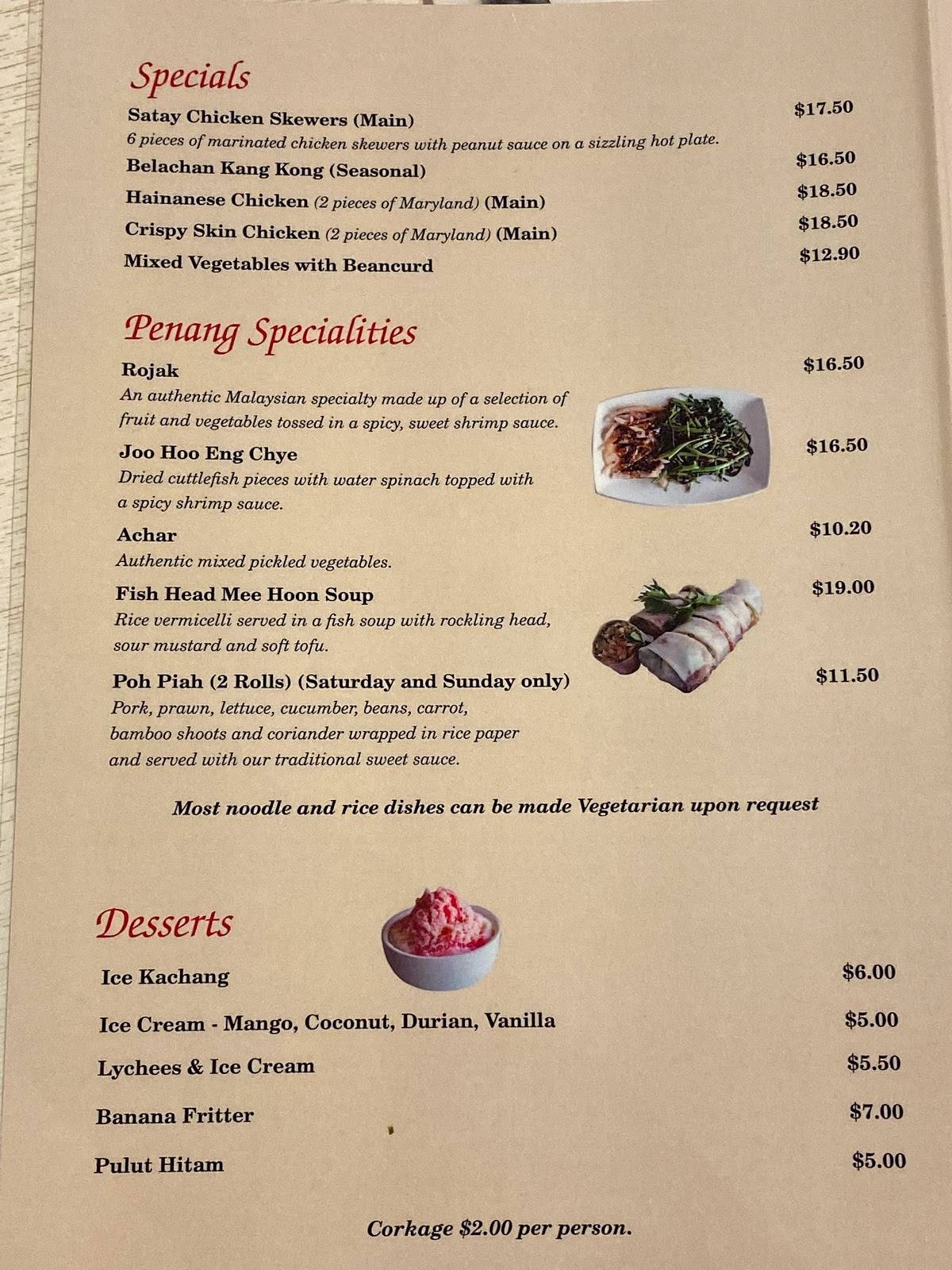 Menu at Straits Cafe Malaysian Restaurant, Wantirna South