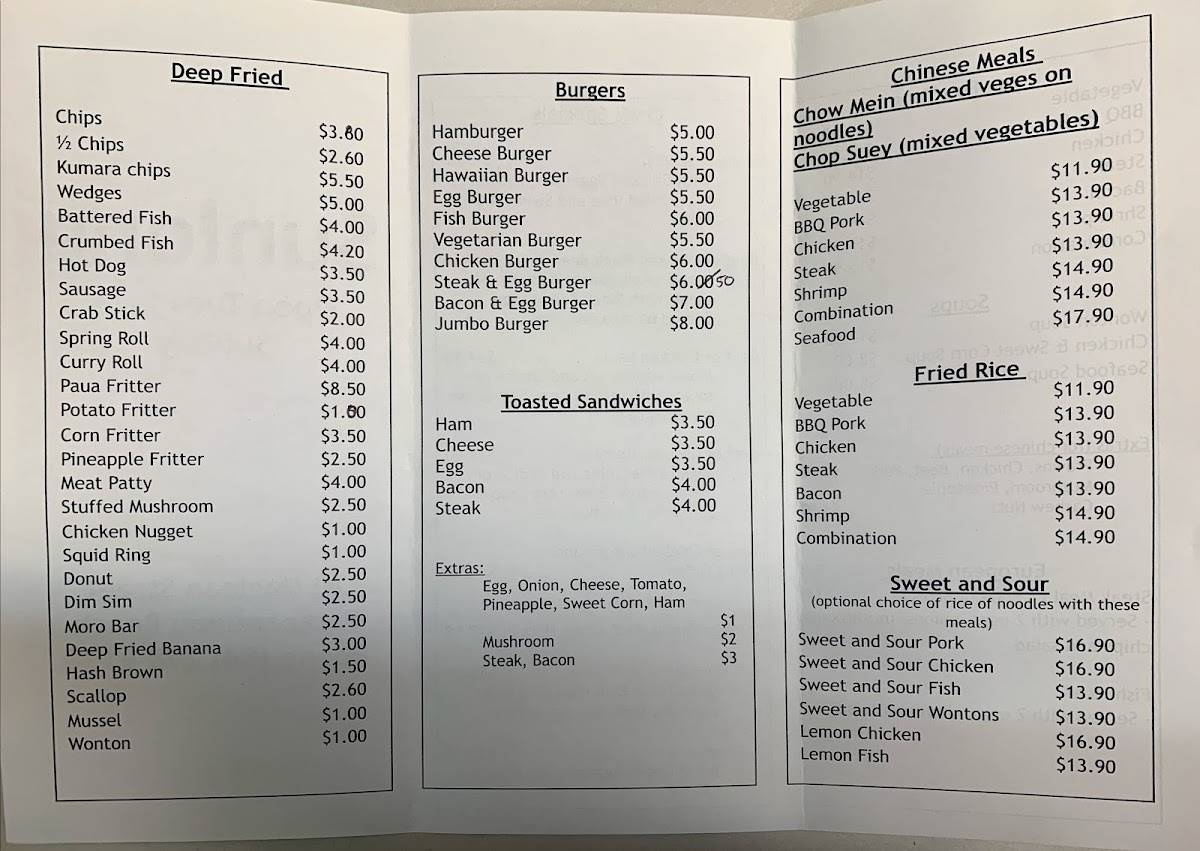 Menu at Sunlong Takeaways fast food, Waikanae