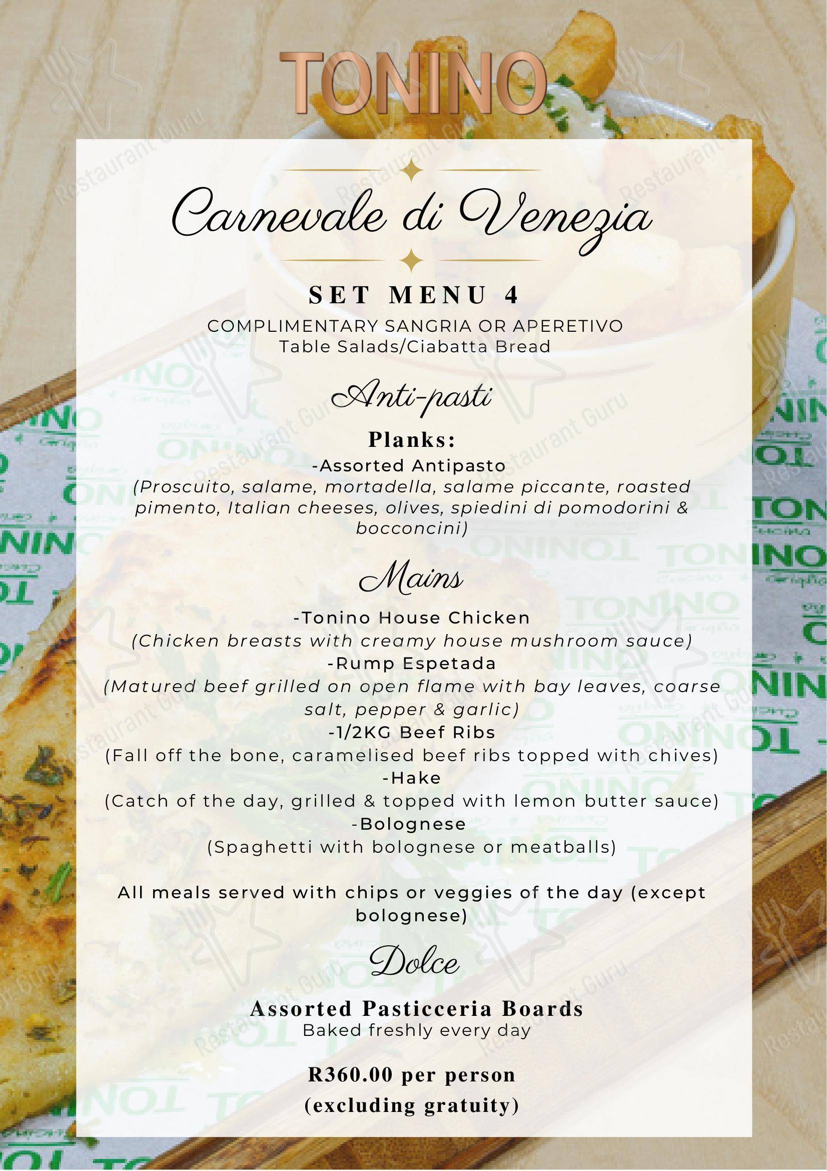 Menu at TONINO CUCINA & GRIGLIA restaurant, Benoni