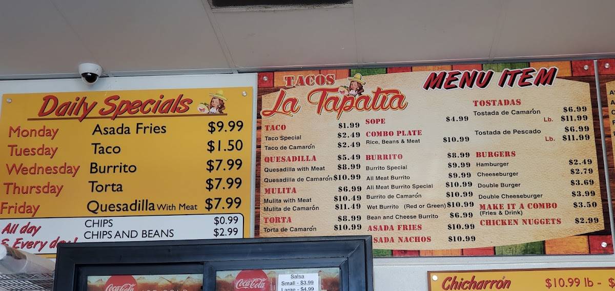Menu at Tacos La Tapatia restaurant, Riverside