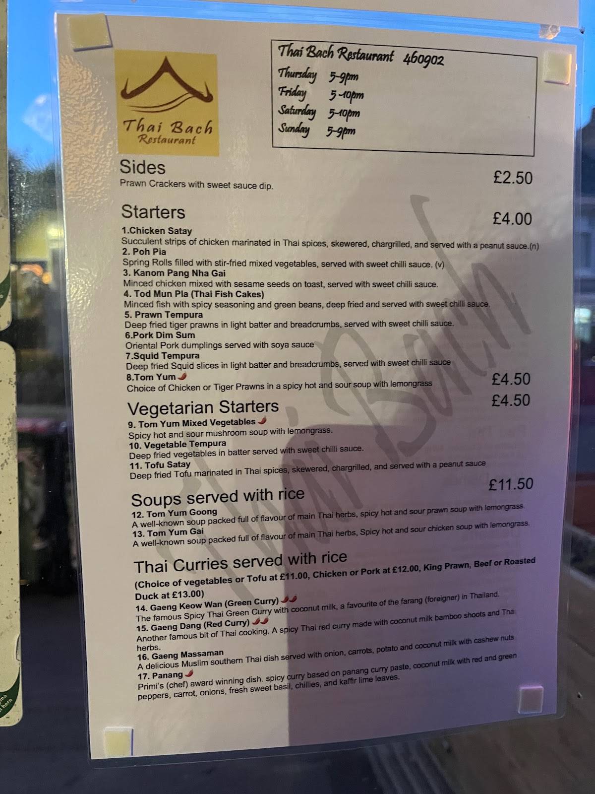 Menu at Thai Bach Restaurant, Swansea