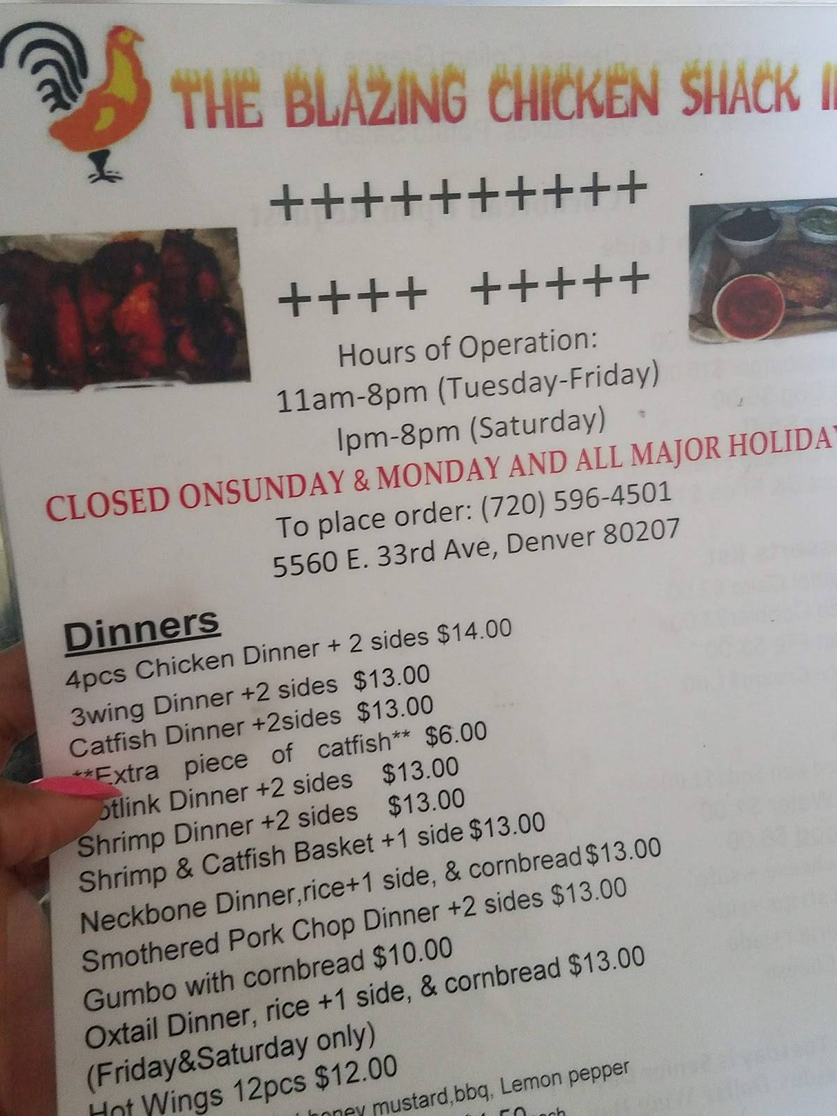Menu at The Blazing Chicken Shack II restaurant, Denver