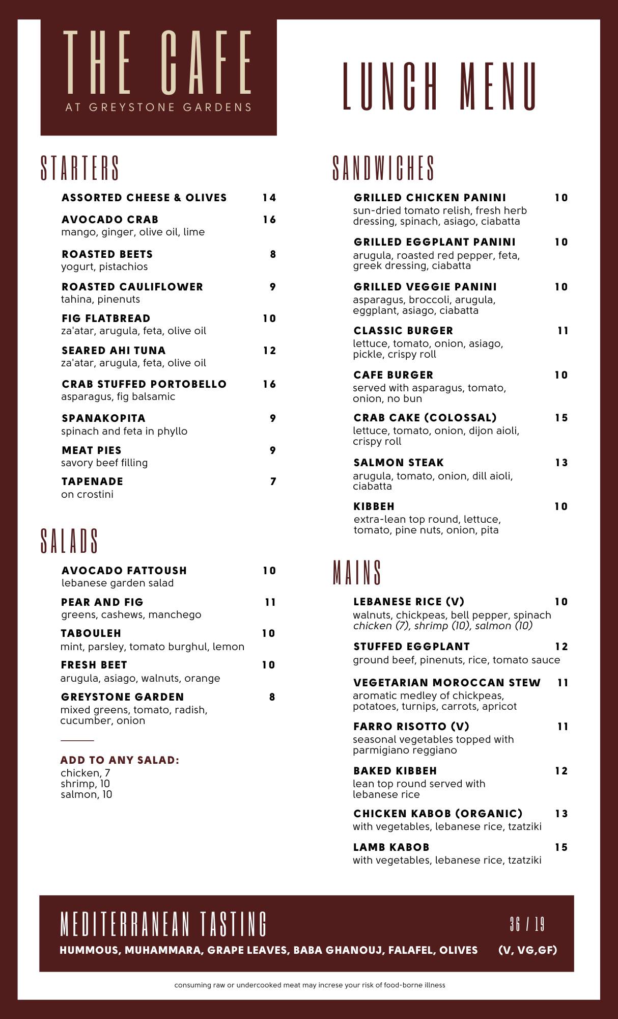 Menu at The Cafe at Greystone Gardens, Clarks Summit