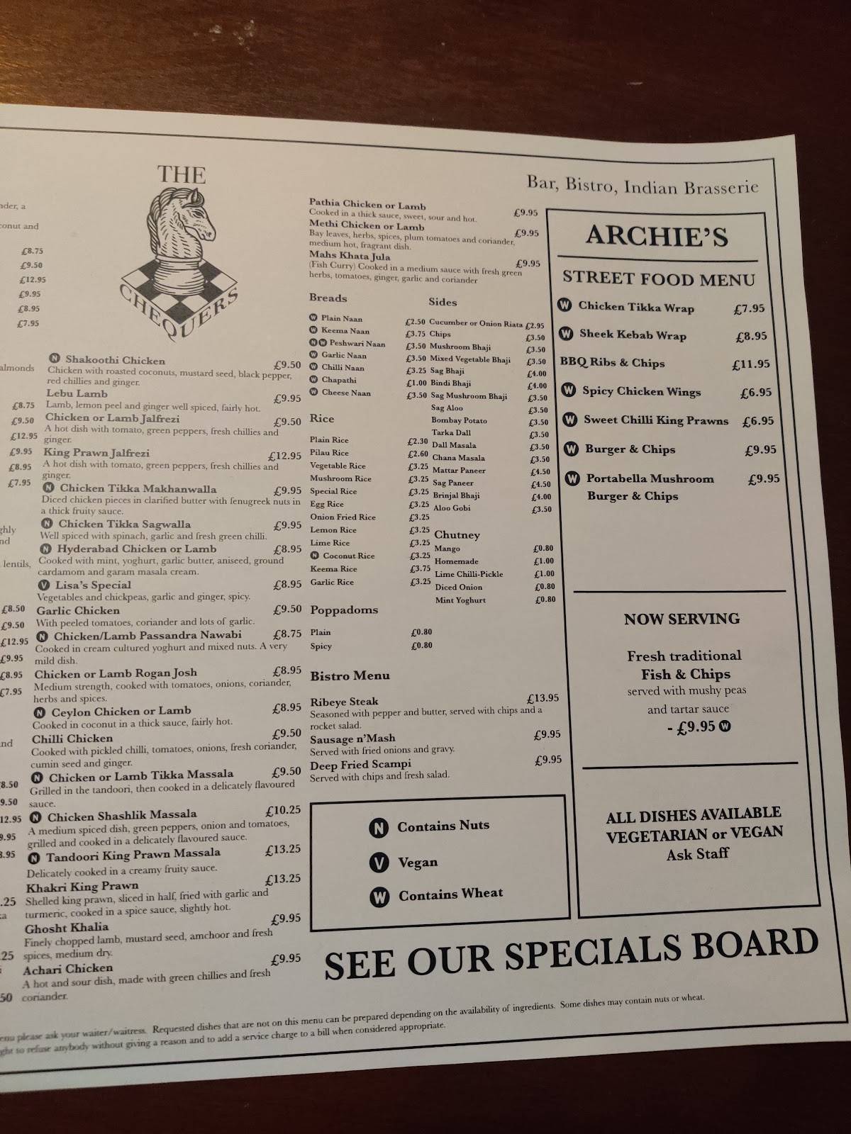 Menu at The Chequers restaurant, Isleham, 58-62 Carter St