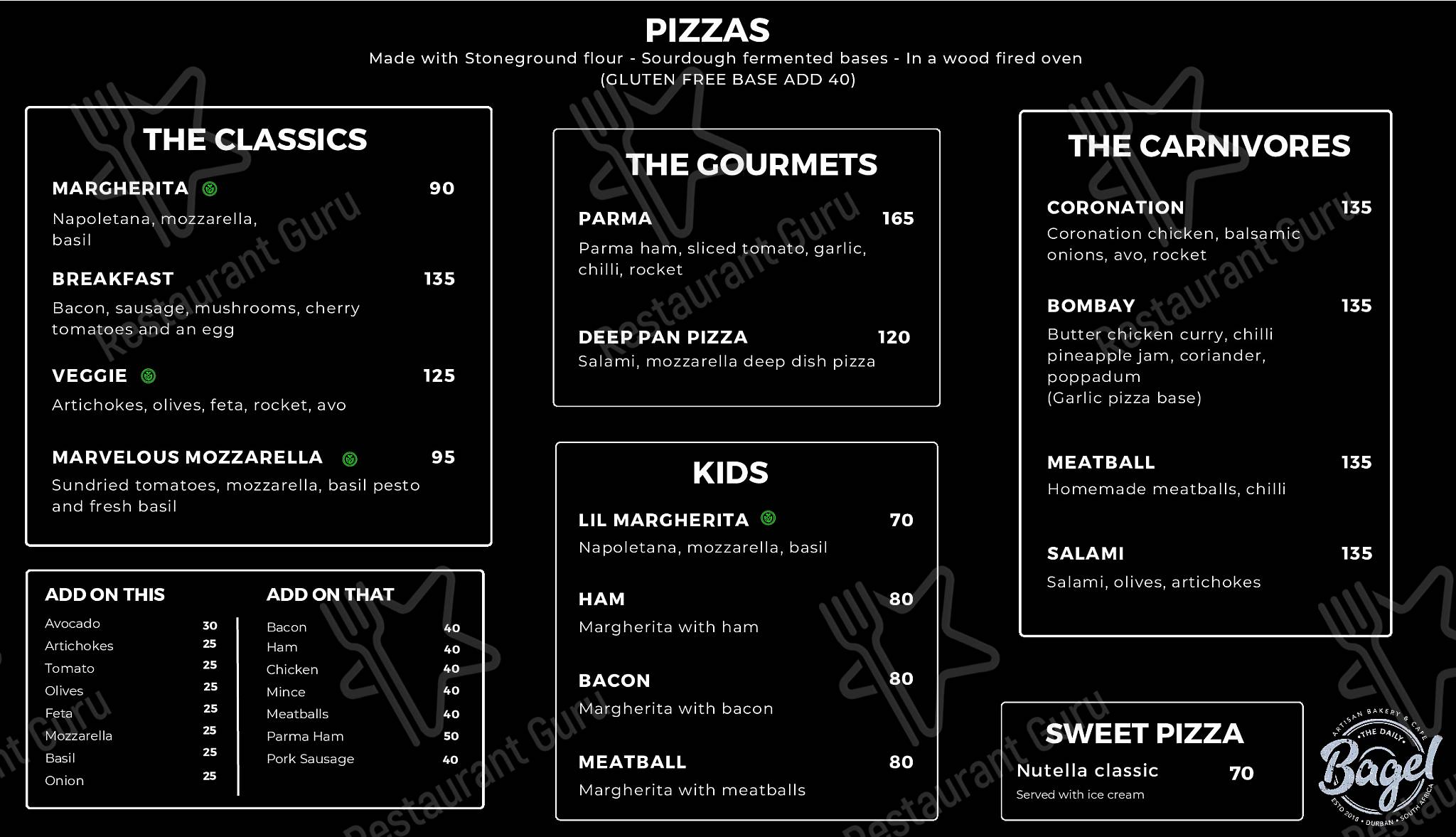 Menu at The Daily Bagel, Mount Edgecombe