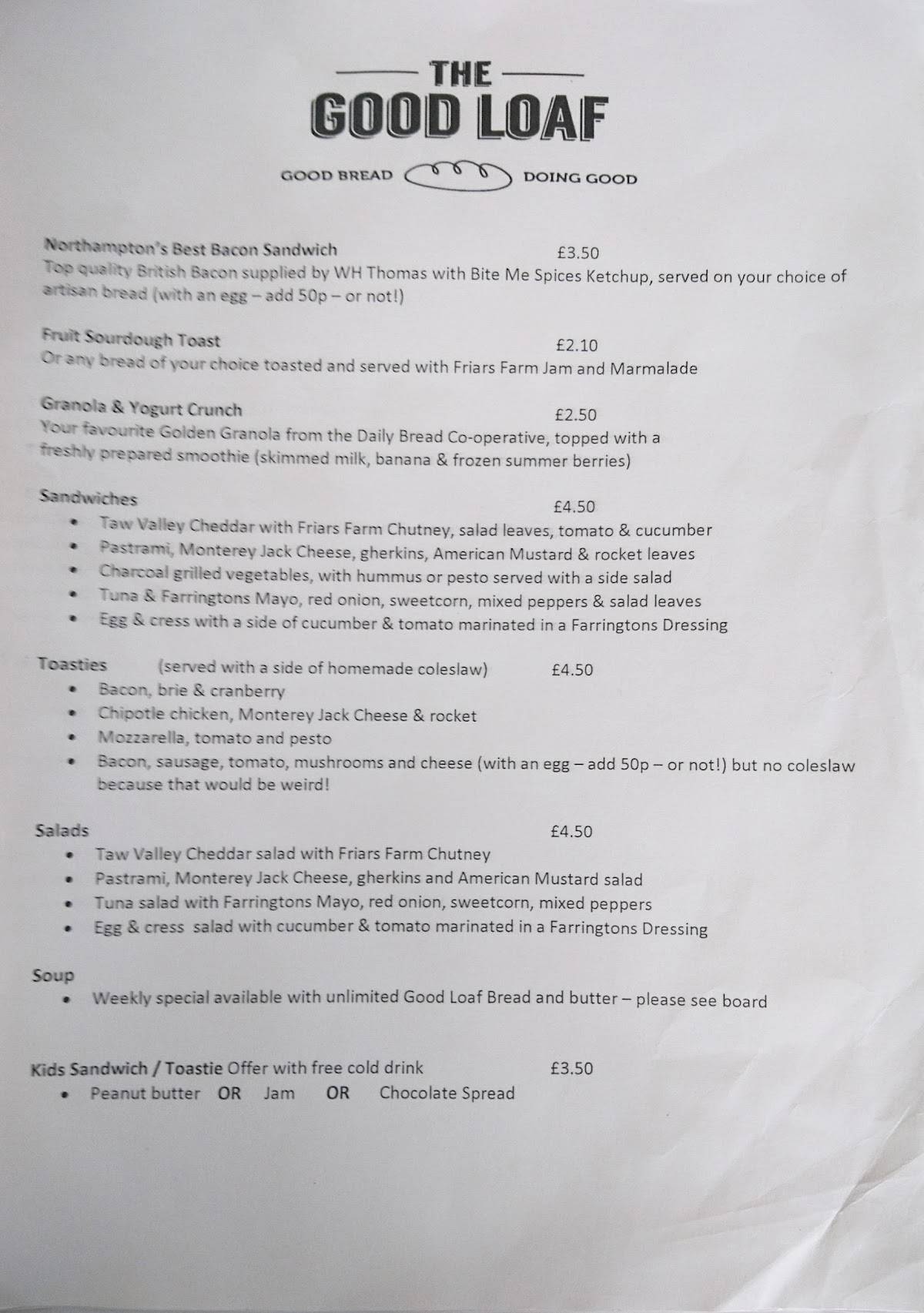 Menu at The Good Loaf cafe, Northampton, 1st
