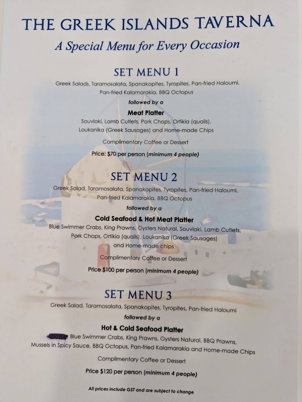 Menu at The Greek Islands Taverna restaurant, Sutherland