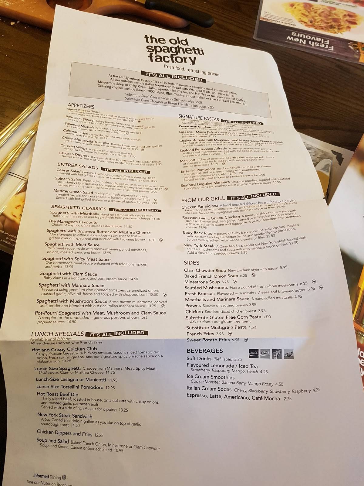 Menu at The Old Spaghetti Factory (Saskatoon) restaurant, Saskatoon