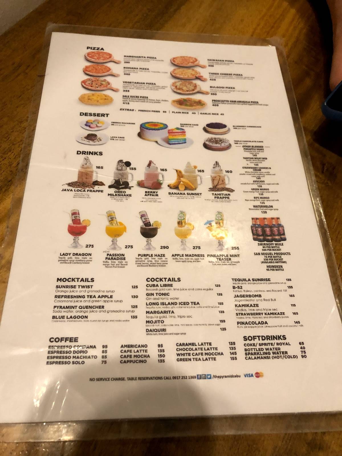 Menu at The Pyramid restaurant, Cebu City