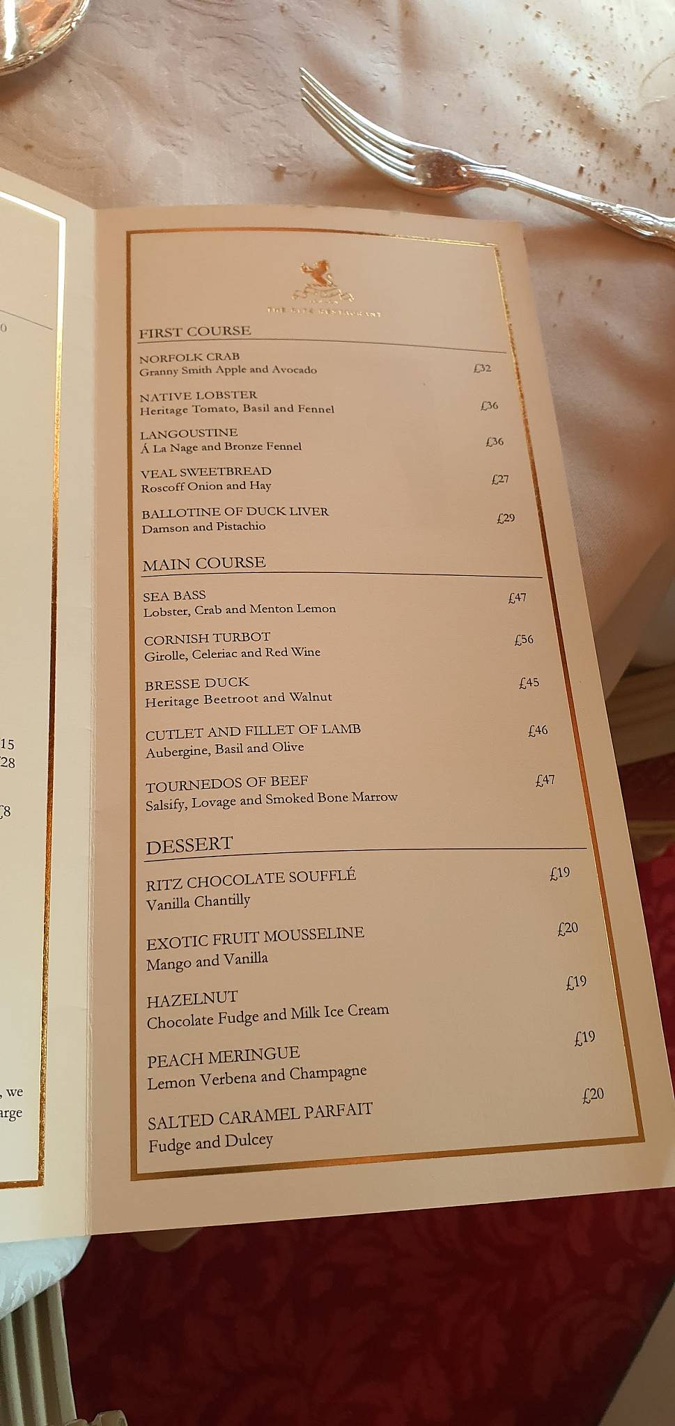 Menu at The Ritz Restaurant, London