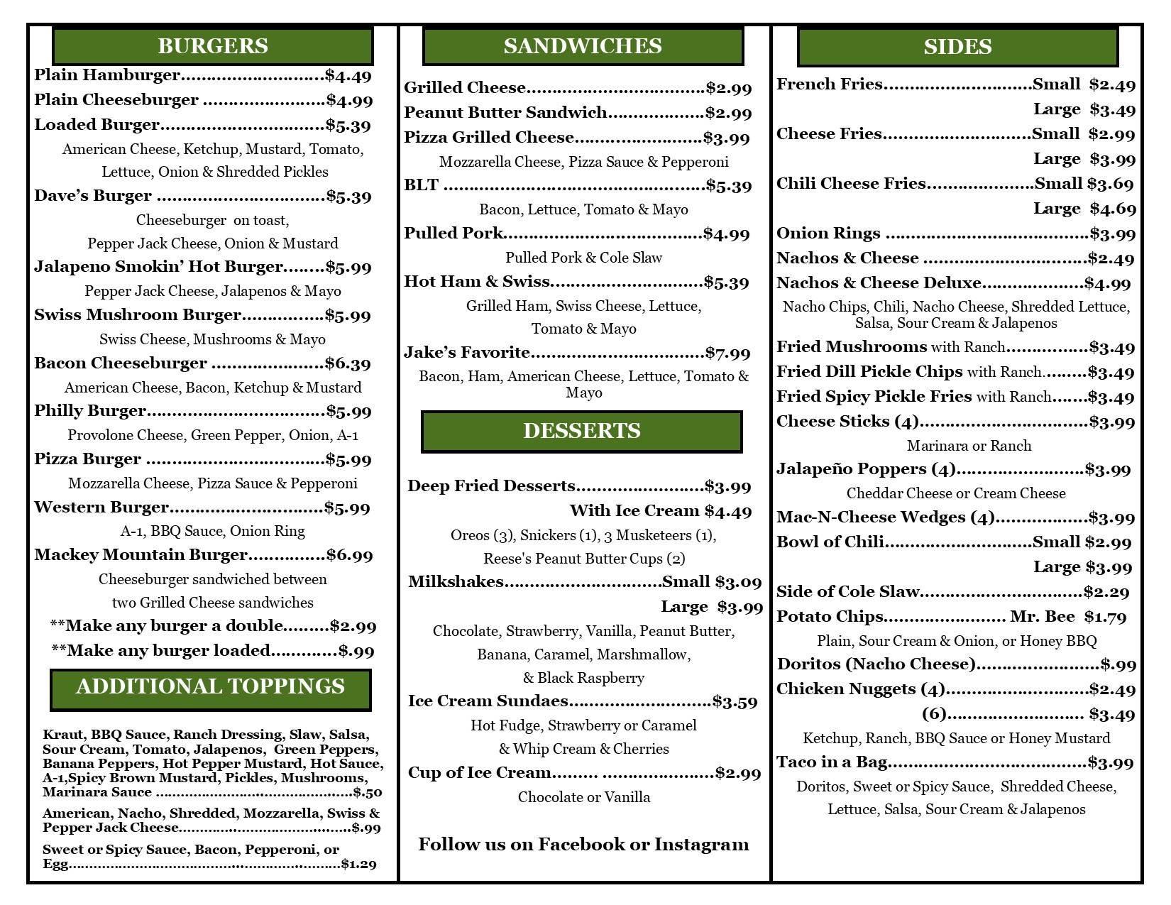 Menu at The Root Beer Shack restaurant, Parkersburg