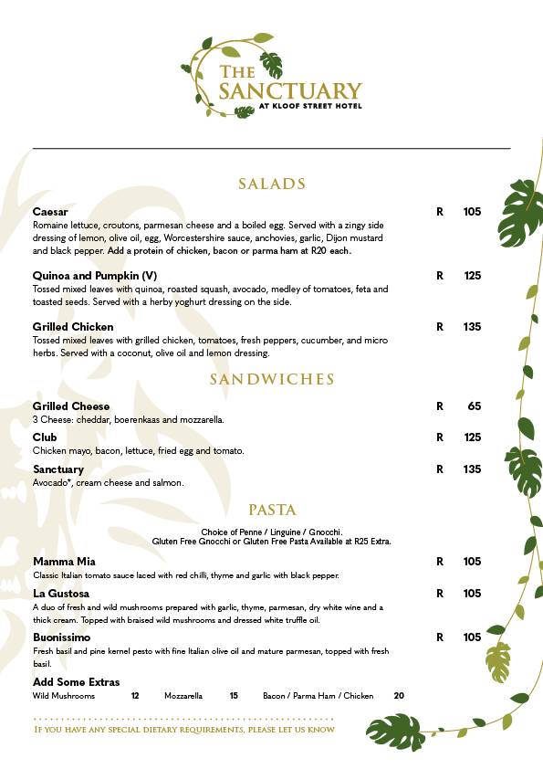 Menu at The Sanctuary Restaurant - Cape Town, Cape Town