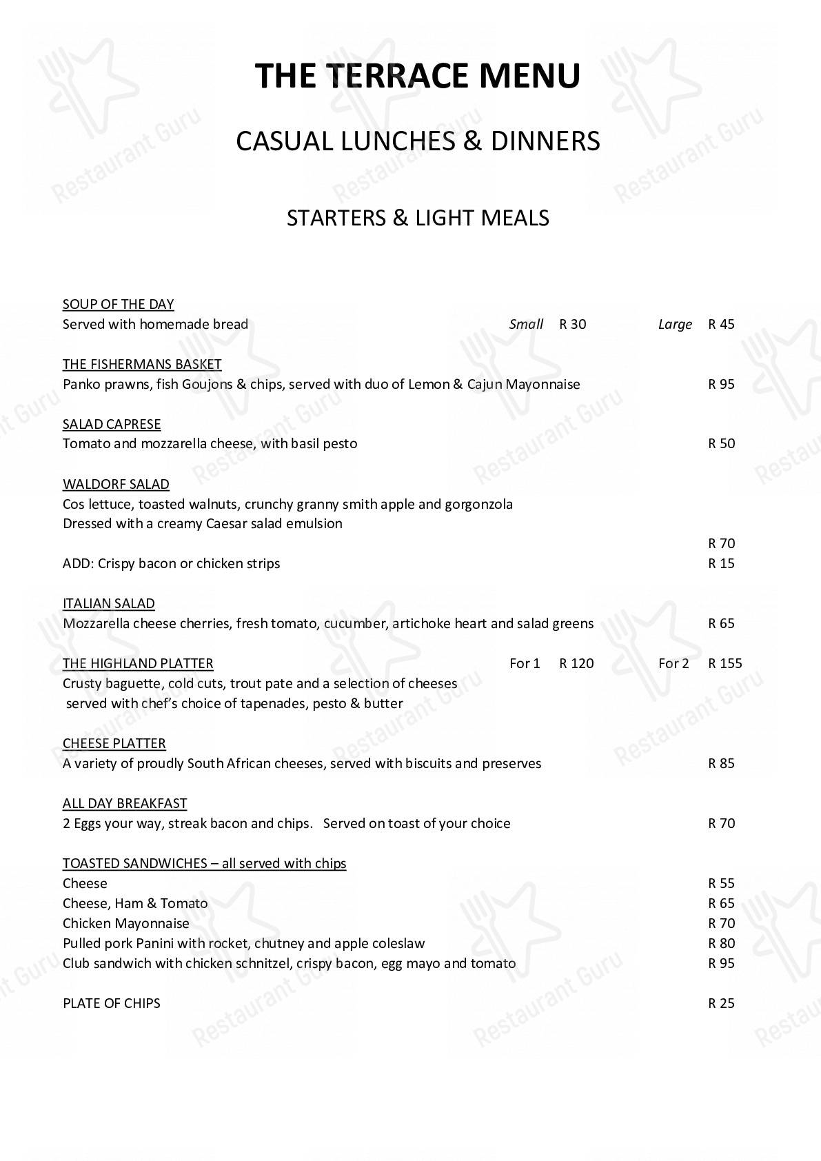 Menu at The Terrace Restaurant, Sandton, Bryanston Country Club Golf Course