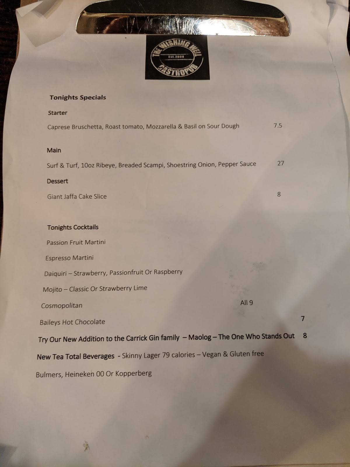 Menu at The Wishing Well - Bar and Bistro, Kingscourt, Main St