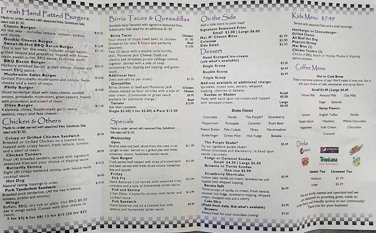 Menu at The purple pit stop restaurant, Polk City