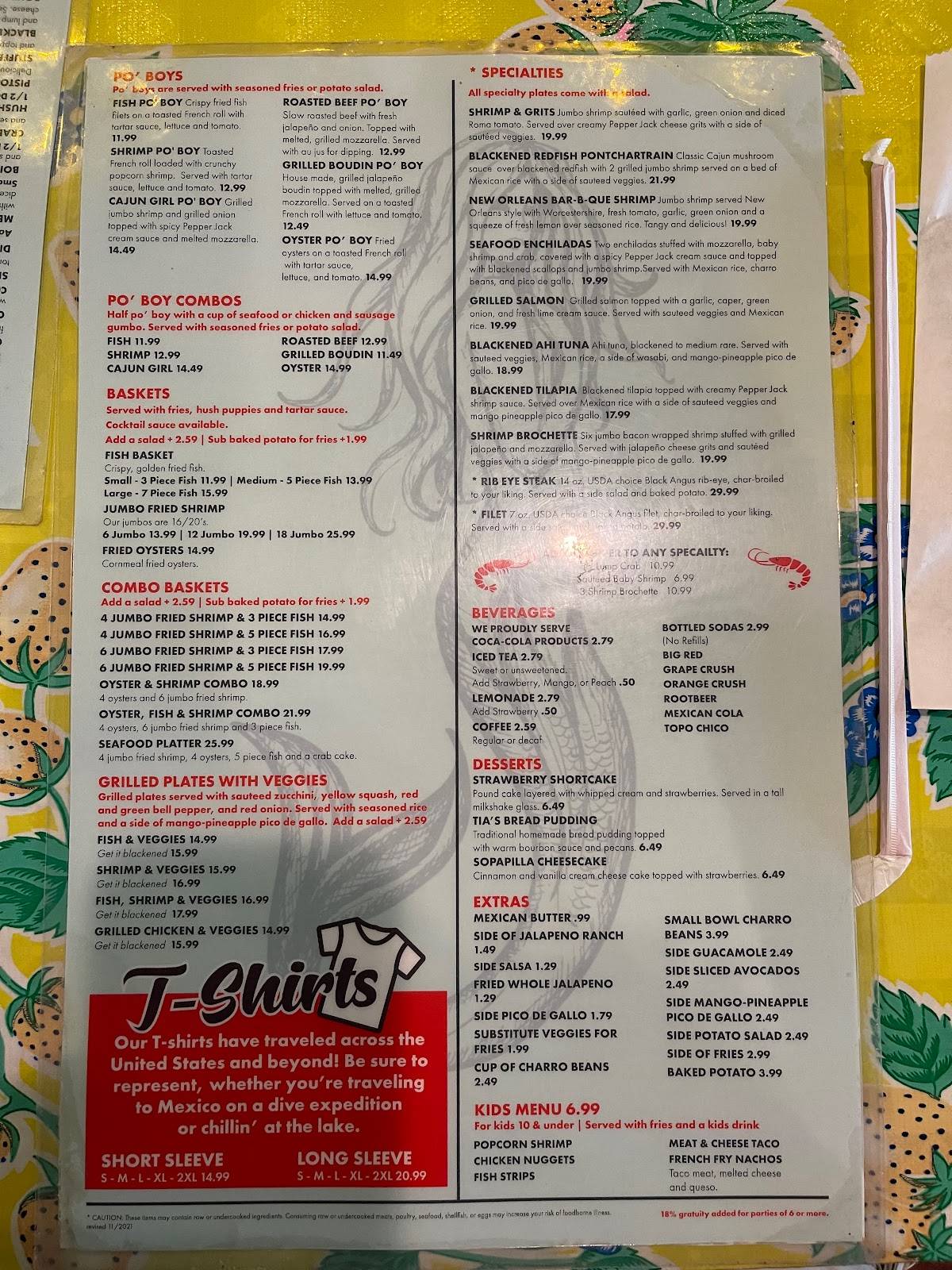 Menu at Tia Juanita’s Fish Camp restaurant, Orange