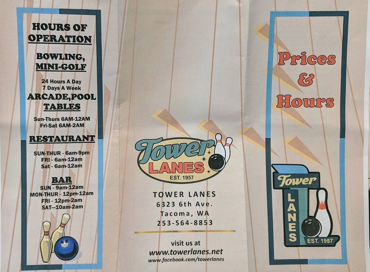 Menu at Tower Lanes Entertainment Center pub & bar, Tacoma