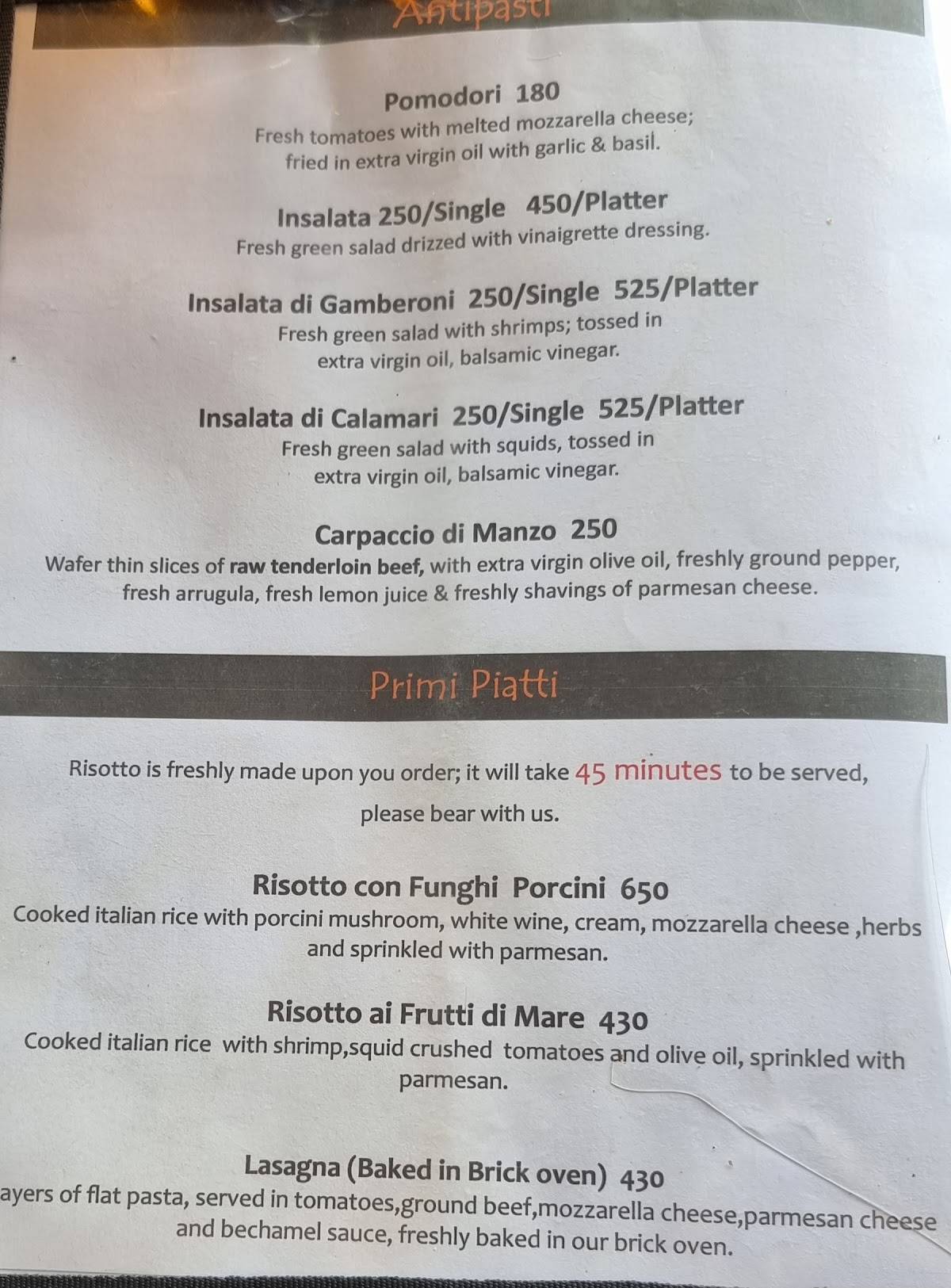 Menu at Trattoria Altrove restaurant, Coron
