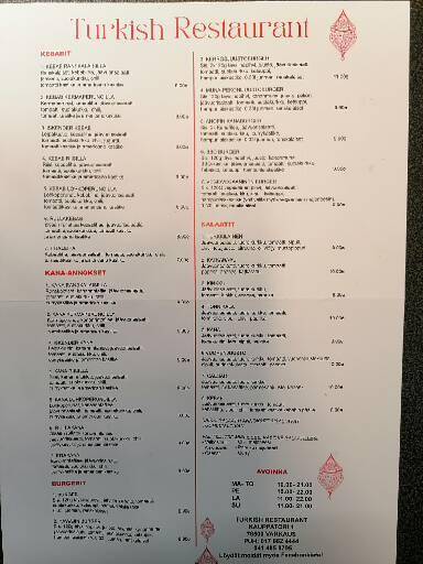 Menu at Turkish Restaurant, Varkaus