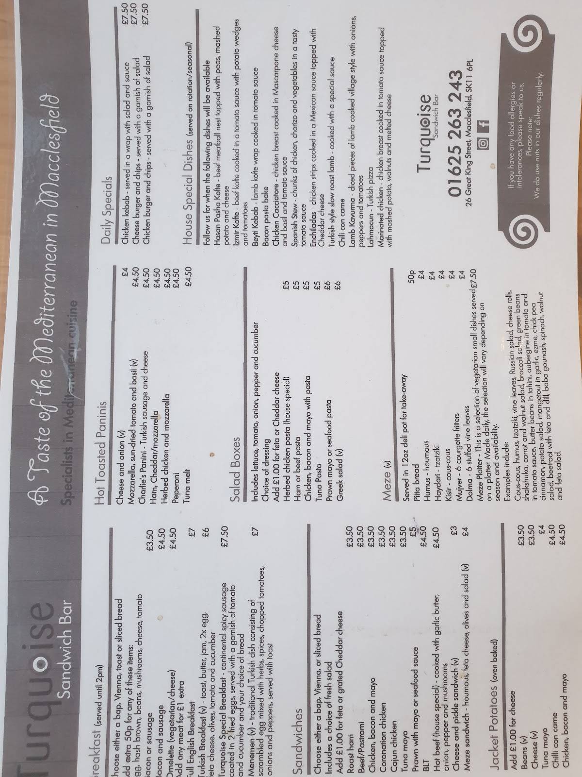 Menu at Turquoise Sandwich Bar, Macclesfield
