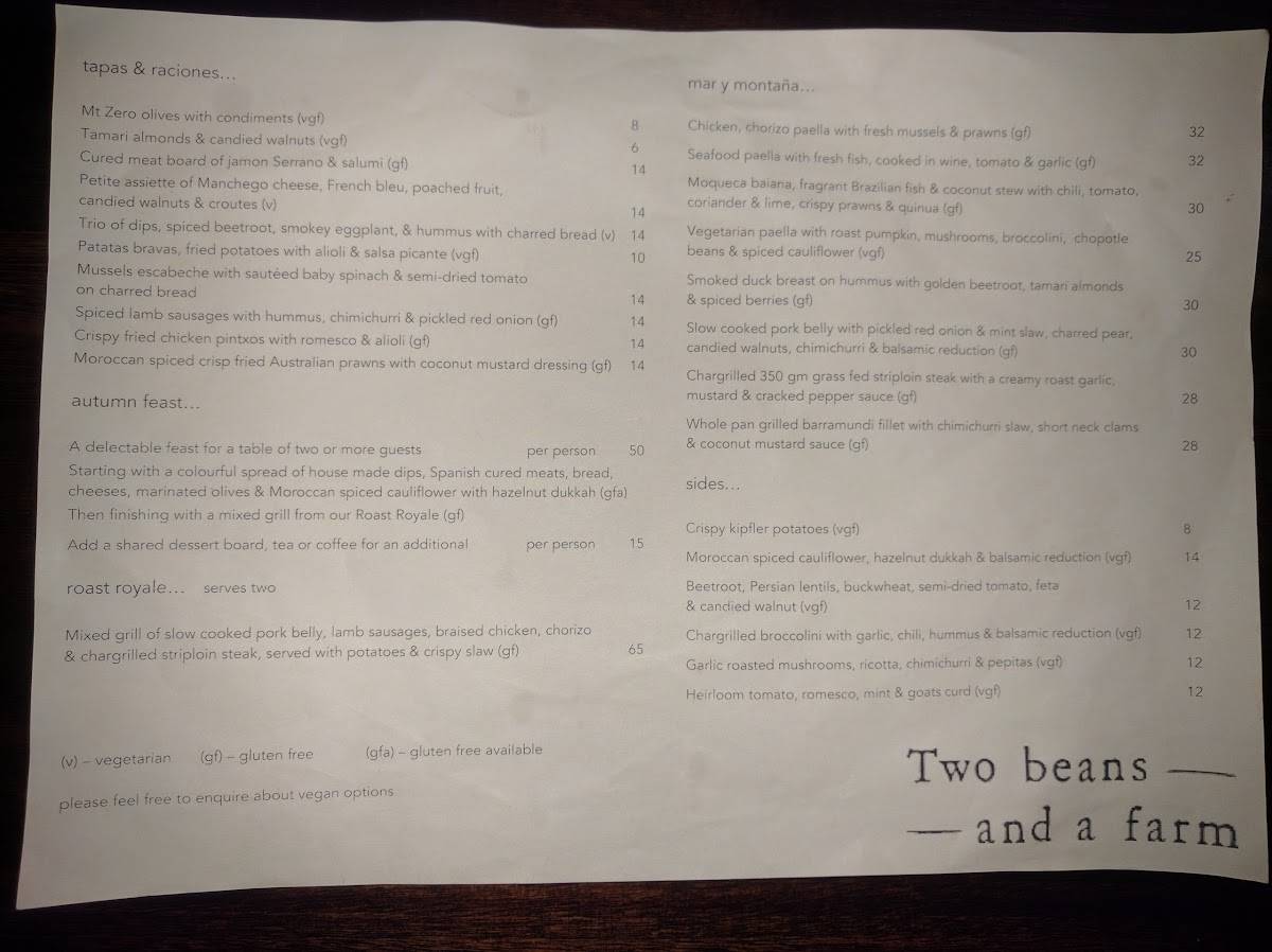 Menu at Two Beans at Carome Estate restaurant, Mernda