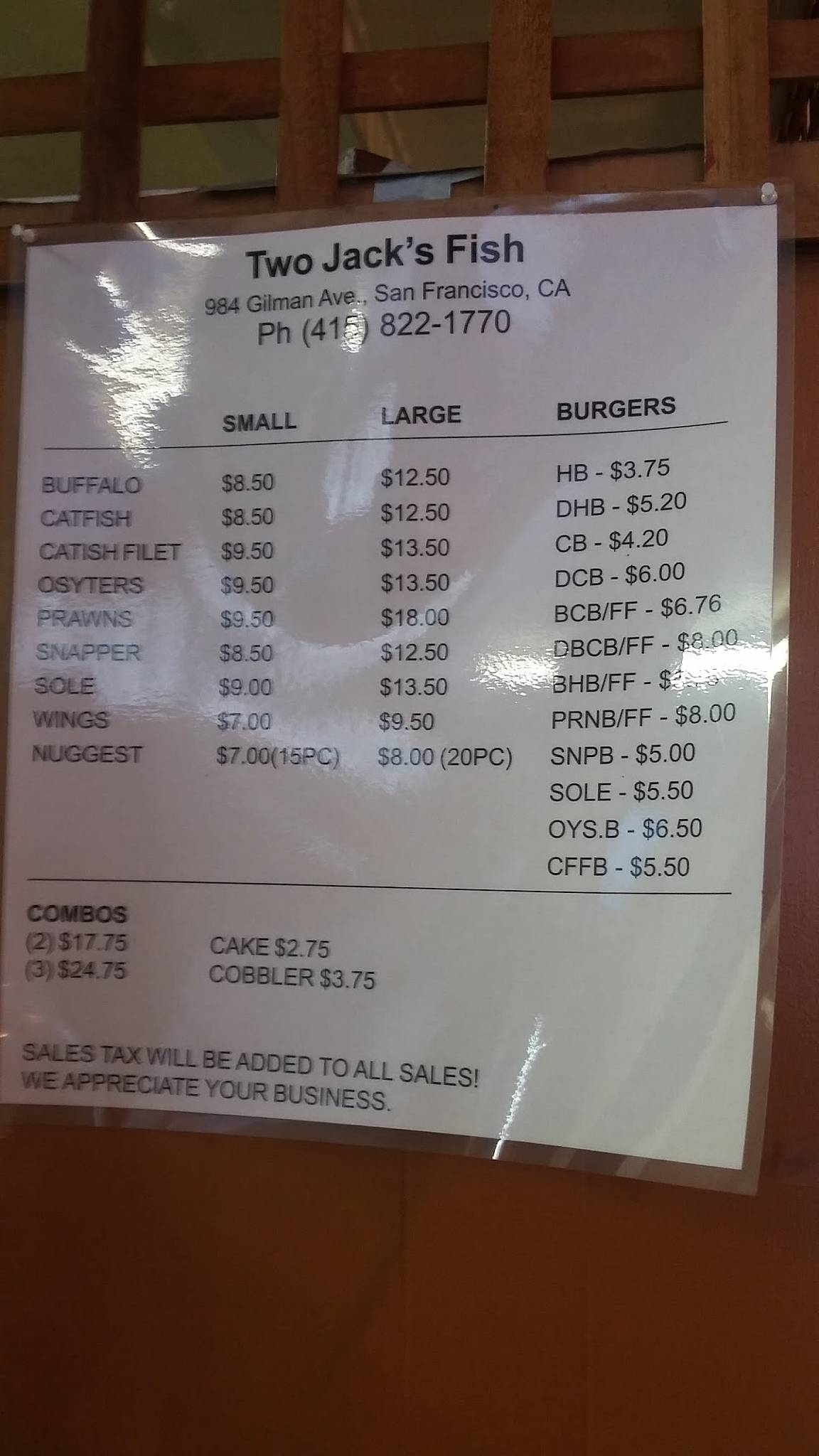 Menu at Two Jack's Seafood restaurant, San Francisco, 984 Gilman Ave