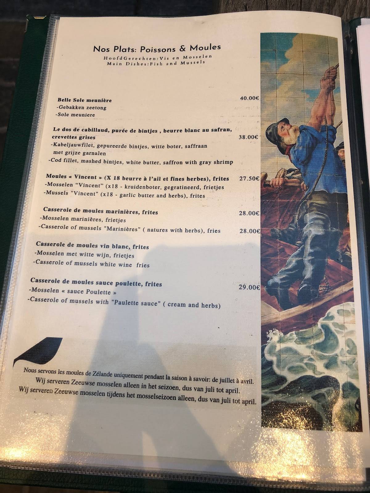 Menu at Restaurant Vincent, Brussels