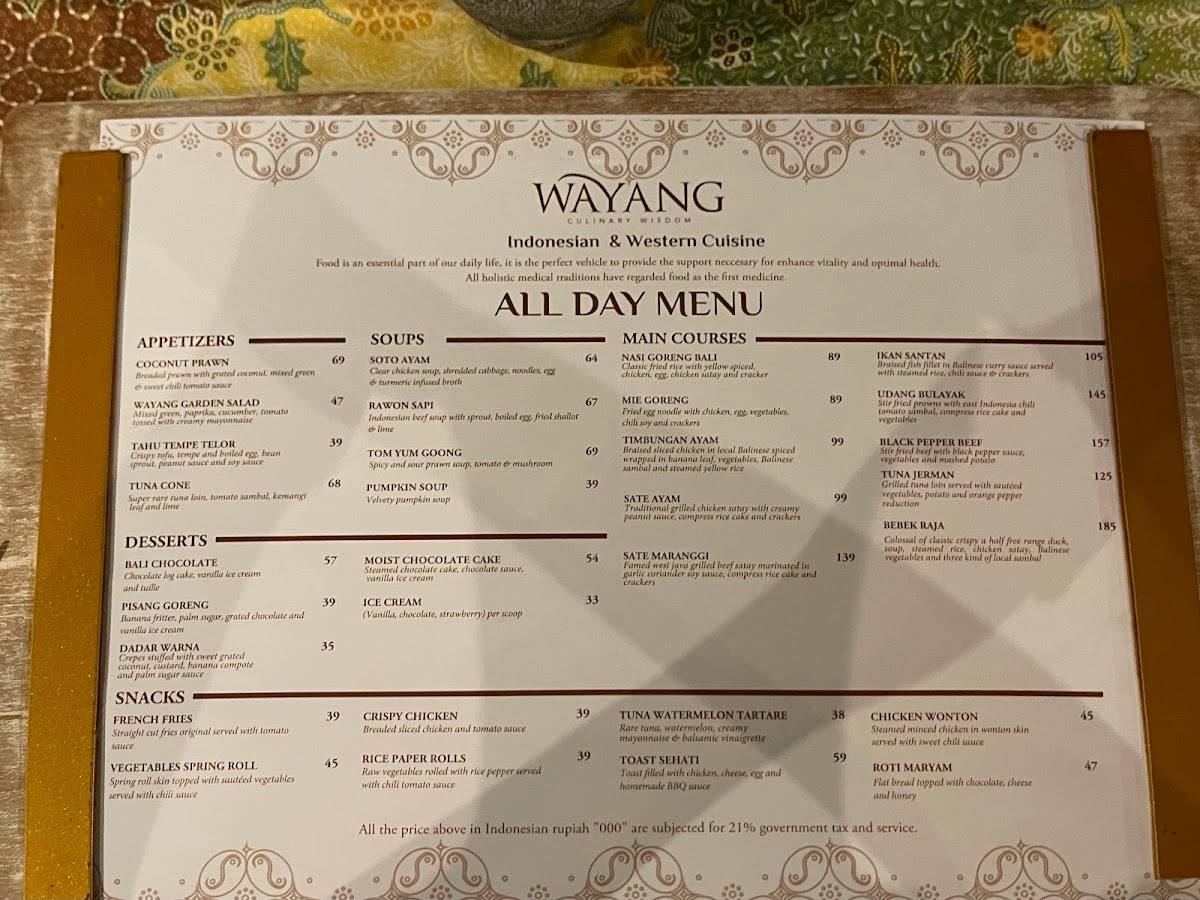 Menu at Wayang Restaurant Ubud, Ubud