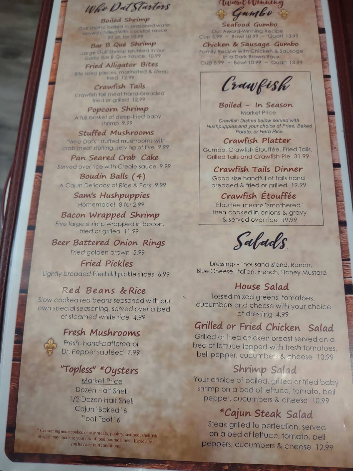 Menu at Who Dat's Cajun Restaurant, Bald Knob