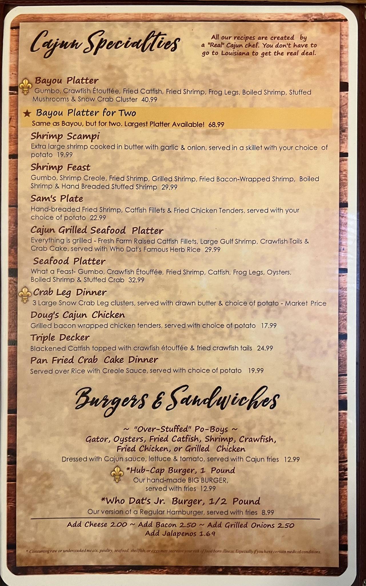 Menu at Who Dat's Cajun Restaurant, Bald Knob