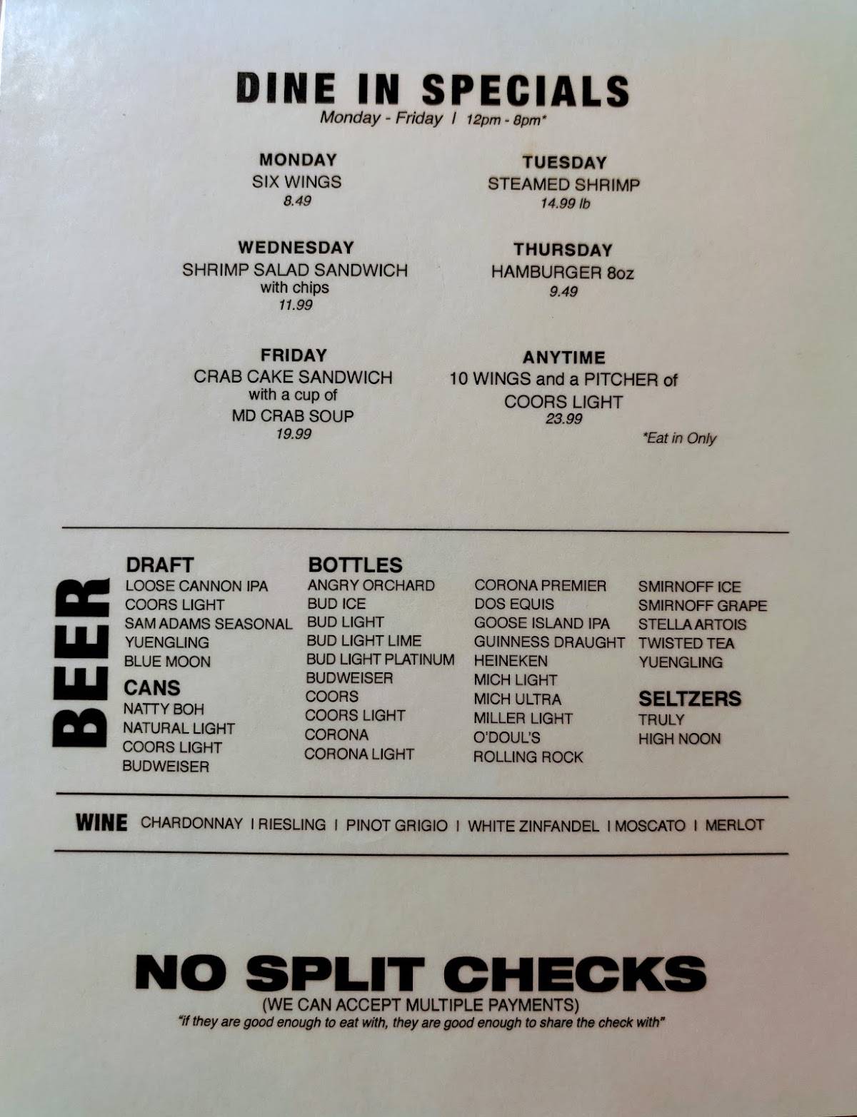 Menu at Winters Run Inn Inc restaurant, Edgewood