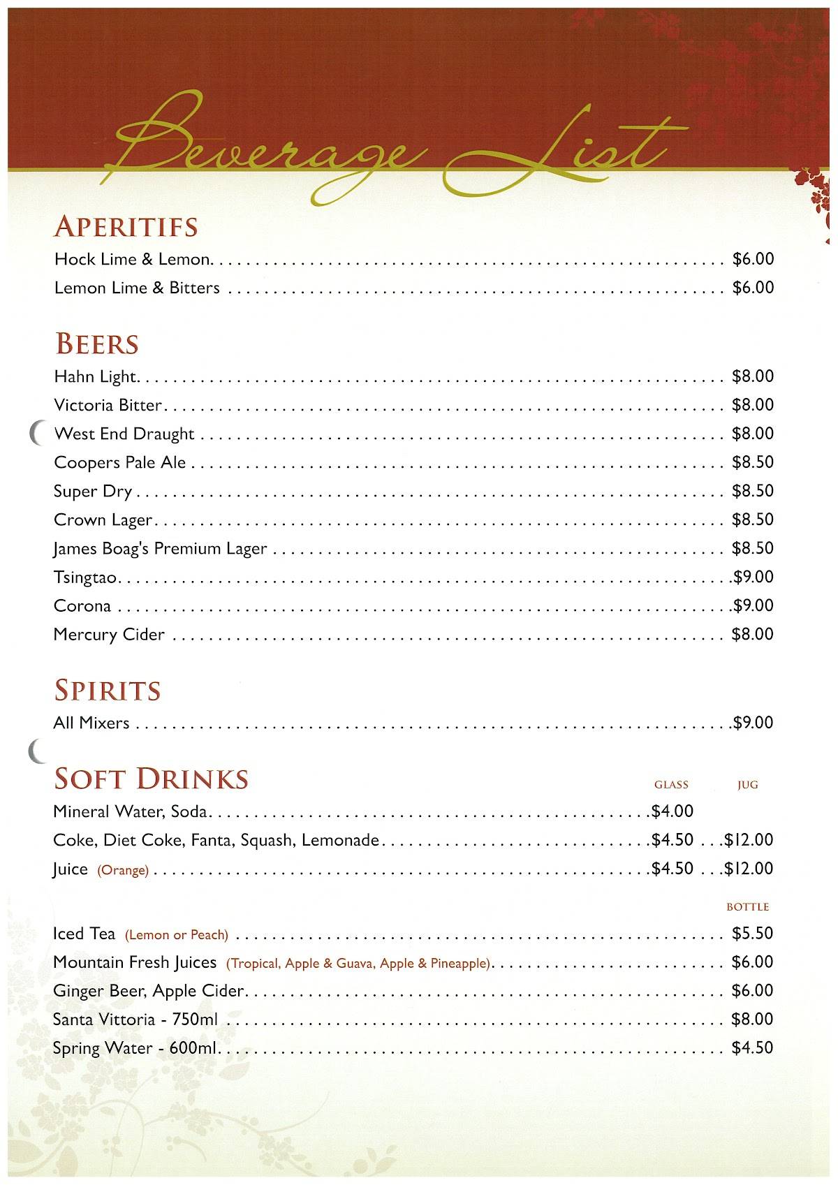 Menu at Yangtze Chinese Restaurant, Blackwood