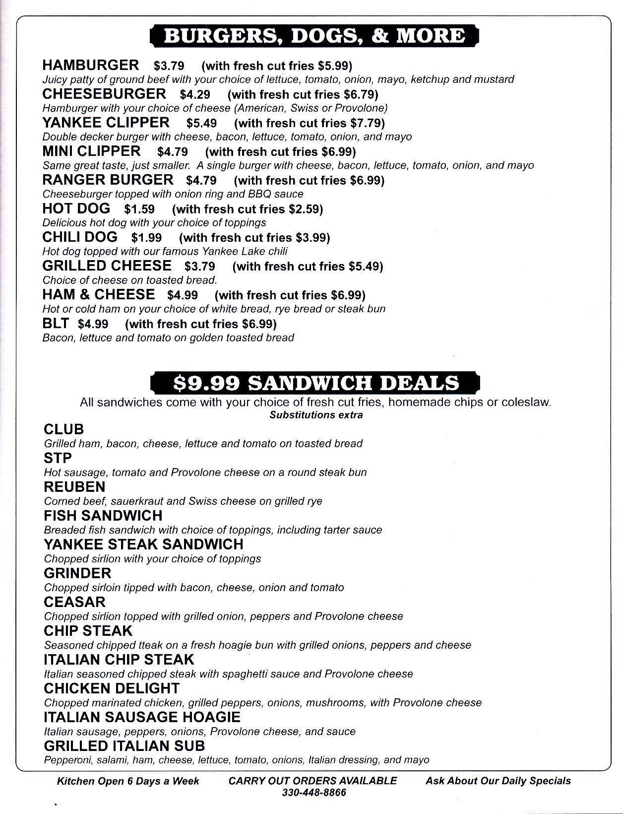 Menu at Yankee Lake restaurant, Yankee Lake