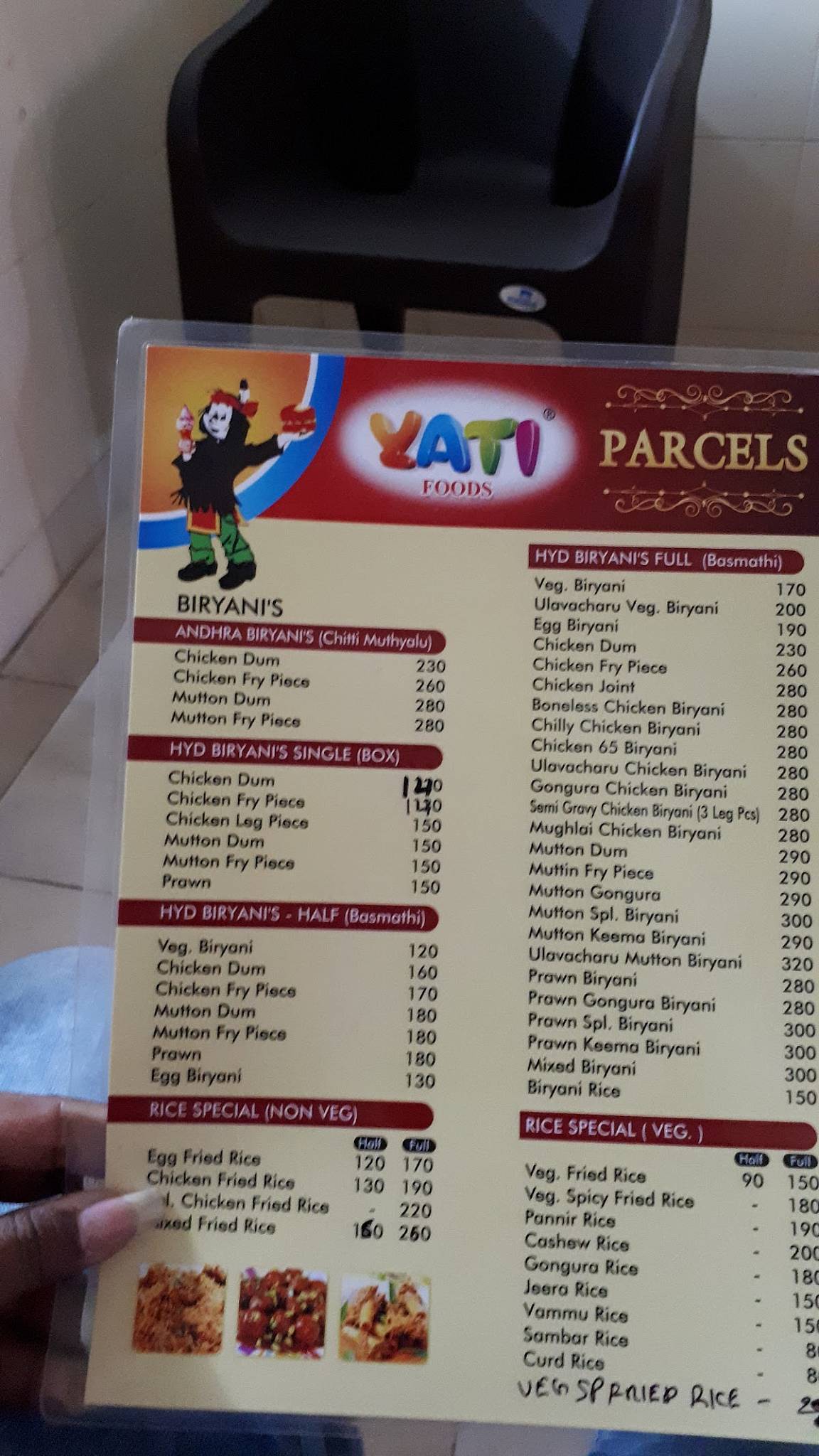 Menu at Yati Foods Restaurant, Kakinada