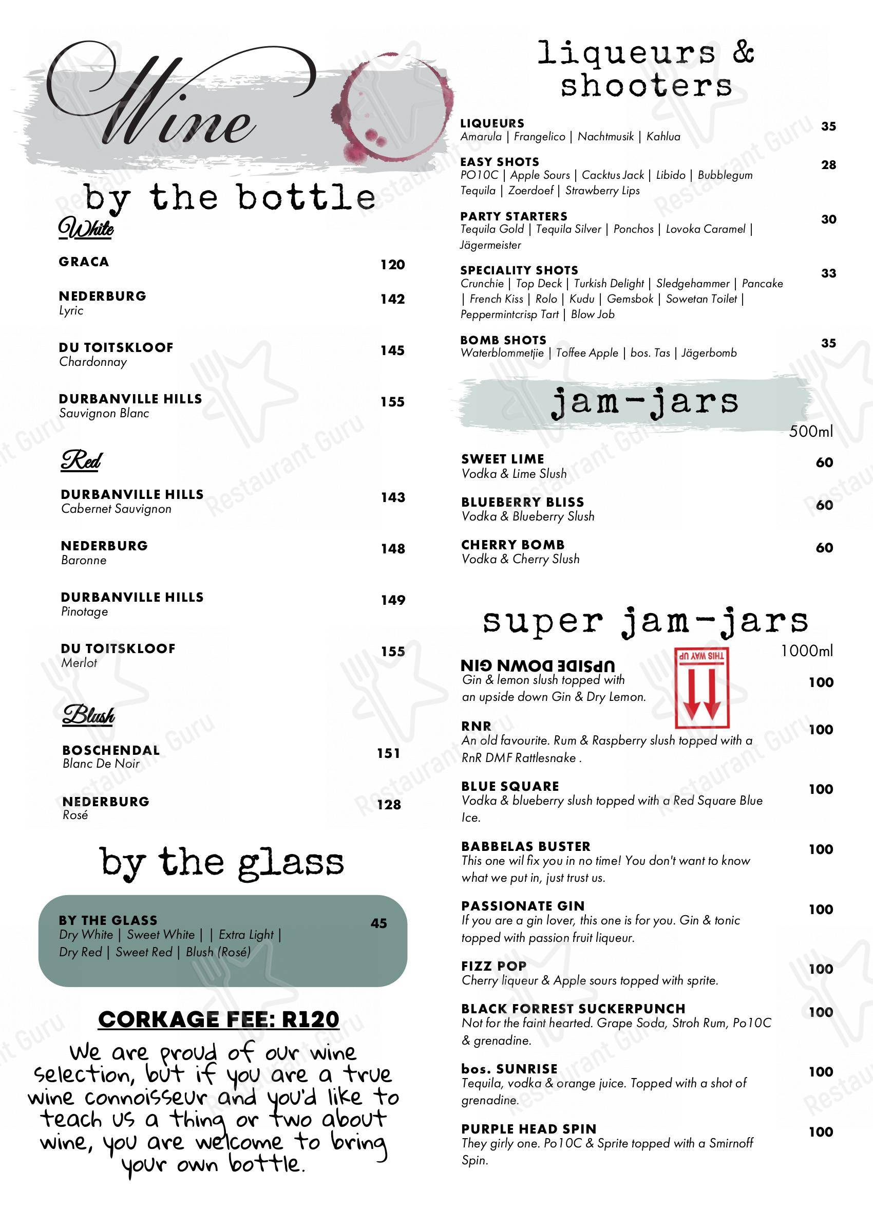 Menu at bos. Restaurant & Bar, Marloth Park