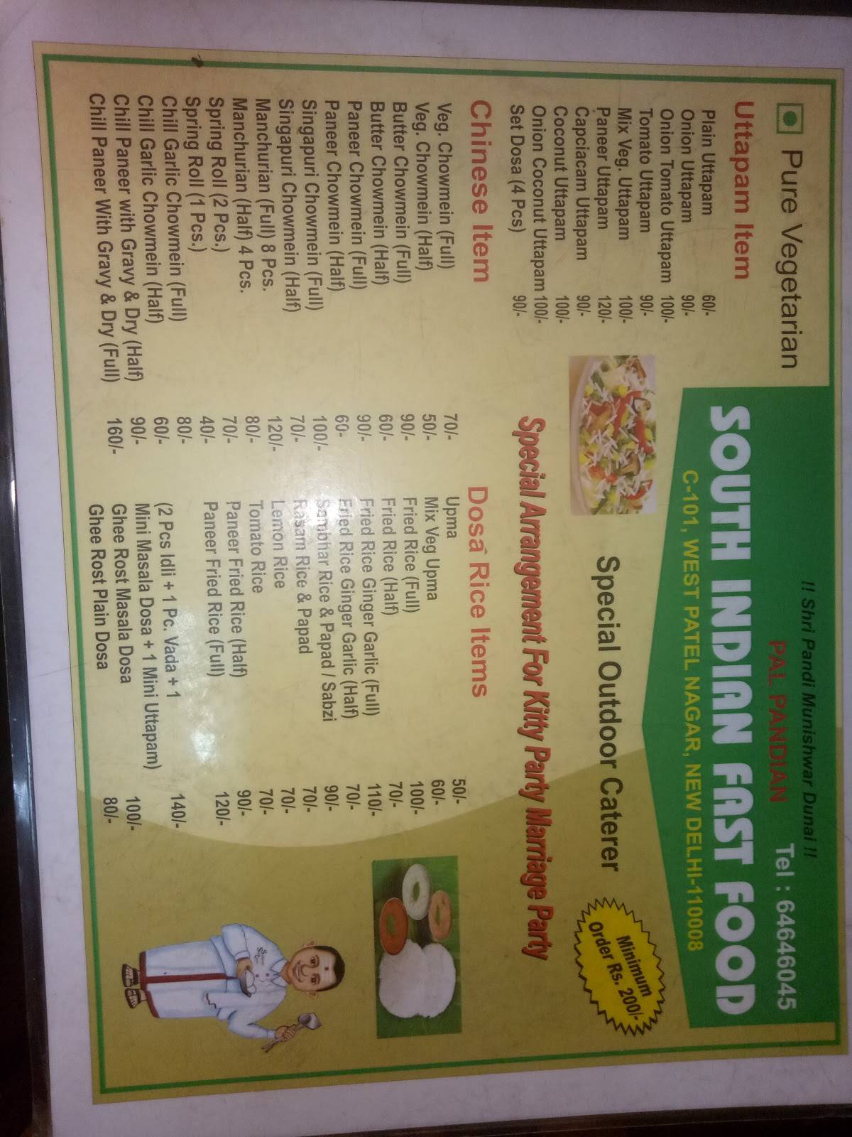 Menu at south Indian fast food, New Delhi, Main Market C101
