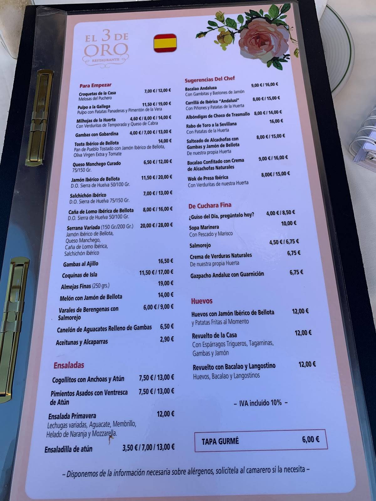 Carta de Restaurante El 3 de Oro, Sevilla
