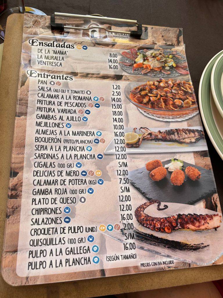 Carta de Restaurante La Muralla, Tabarca