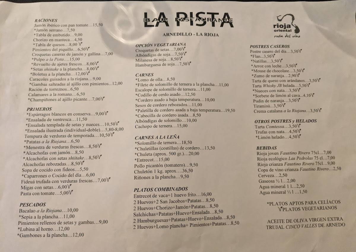 Carta de Restaurante La Pista, Arnedillo