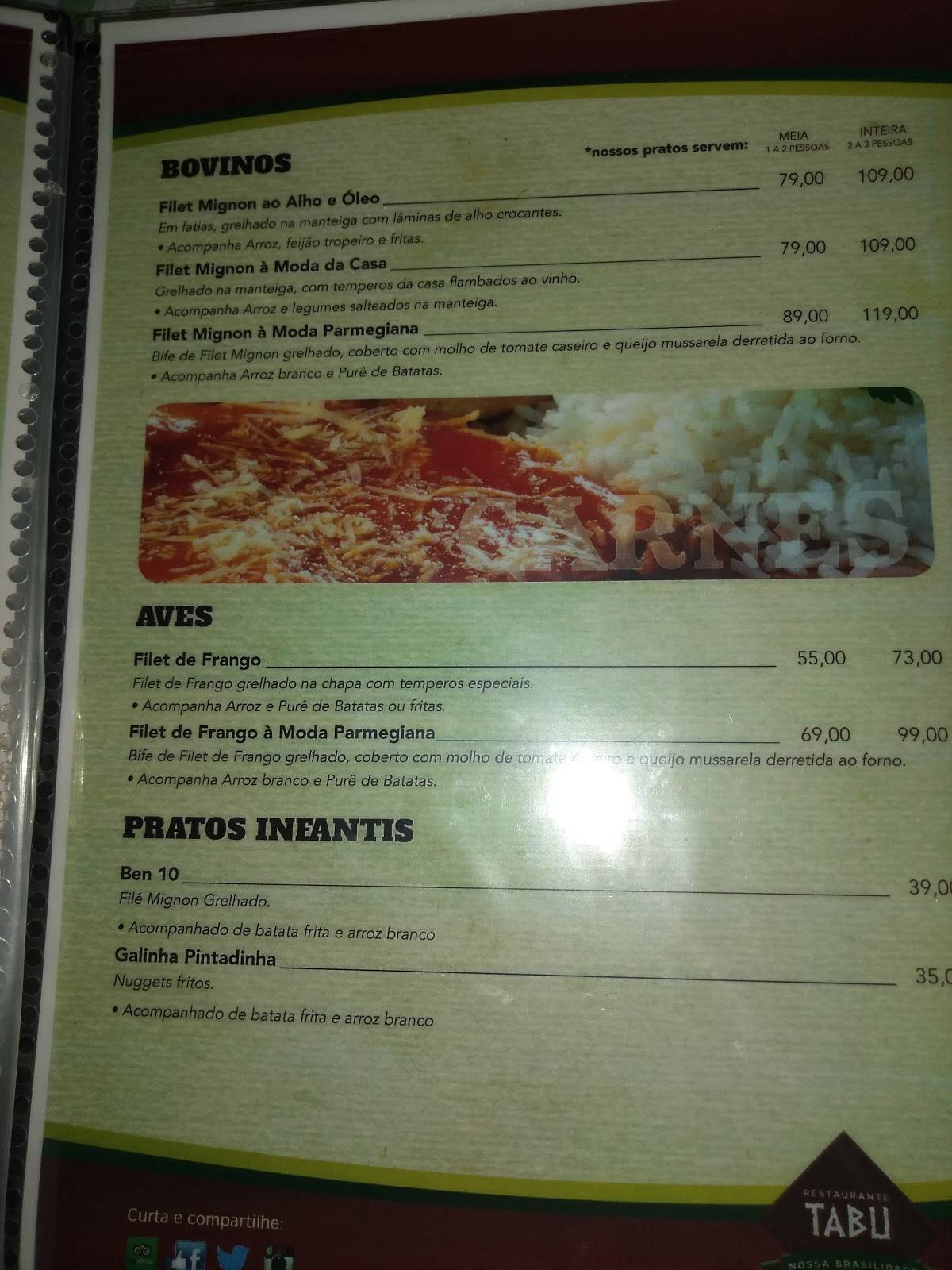 Menu em Restaurante Tabu, Palmas