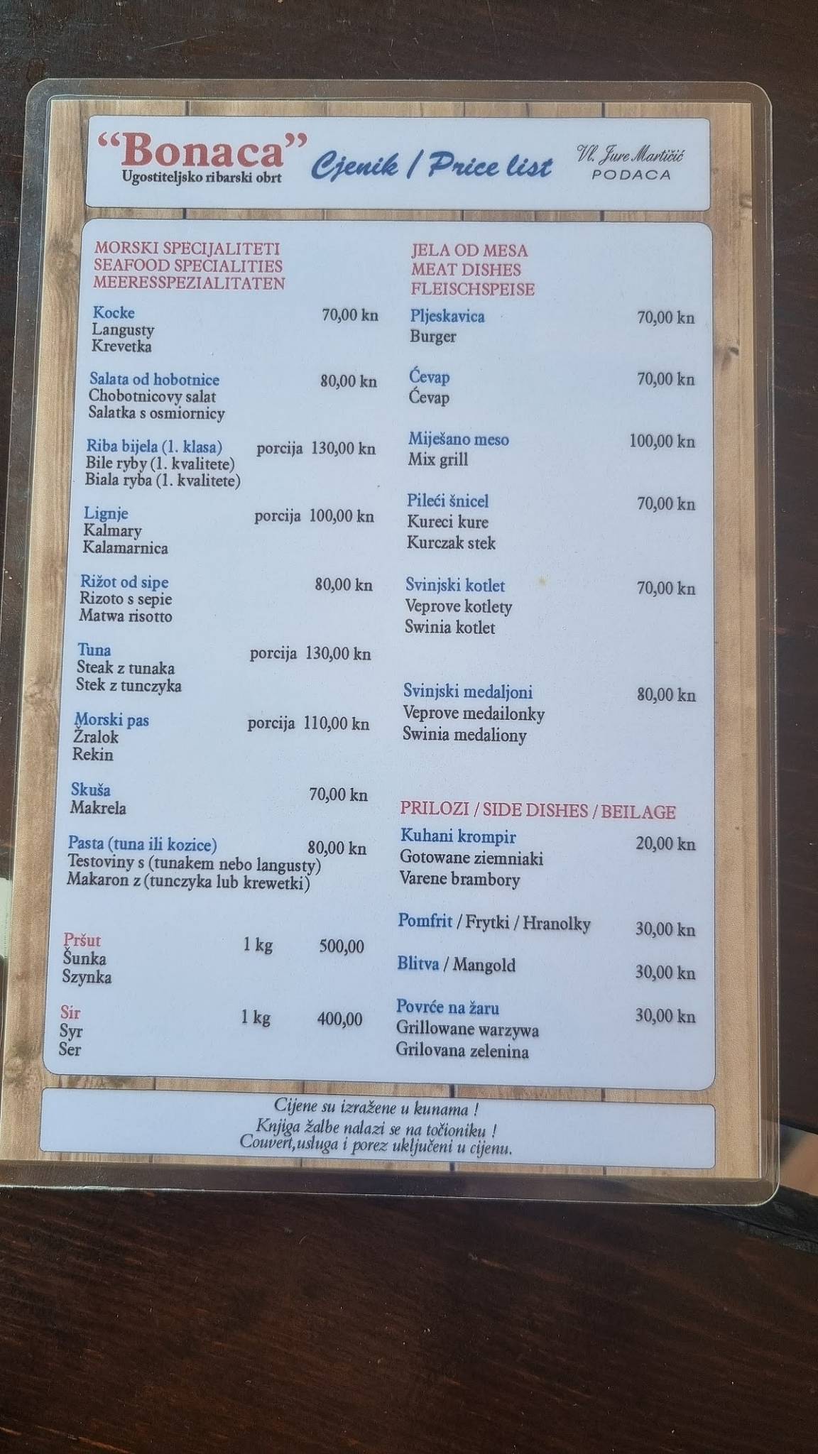 Menu at Restoran Bonaca restaurant, Podaca