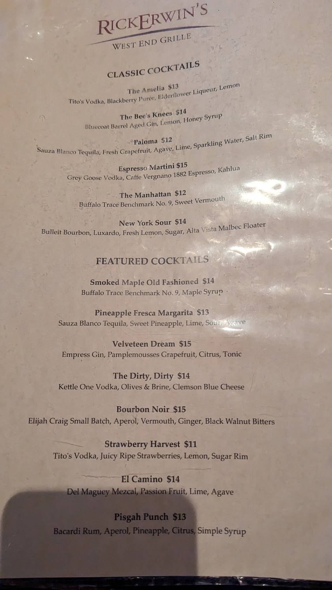 Menu at Rick Erwin's West End Grille pub & bar, Greenville