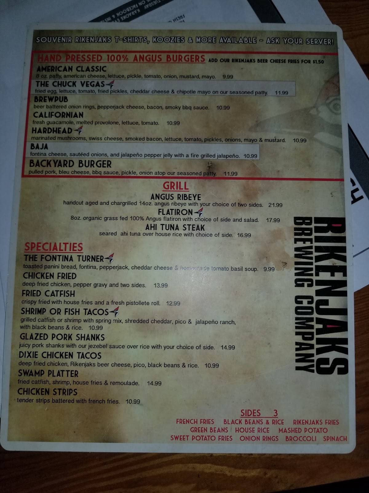 Menu at Rikenjaks Brewing Company pub & bar, Vidor