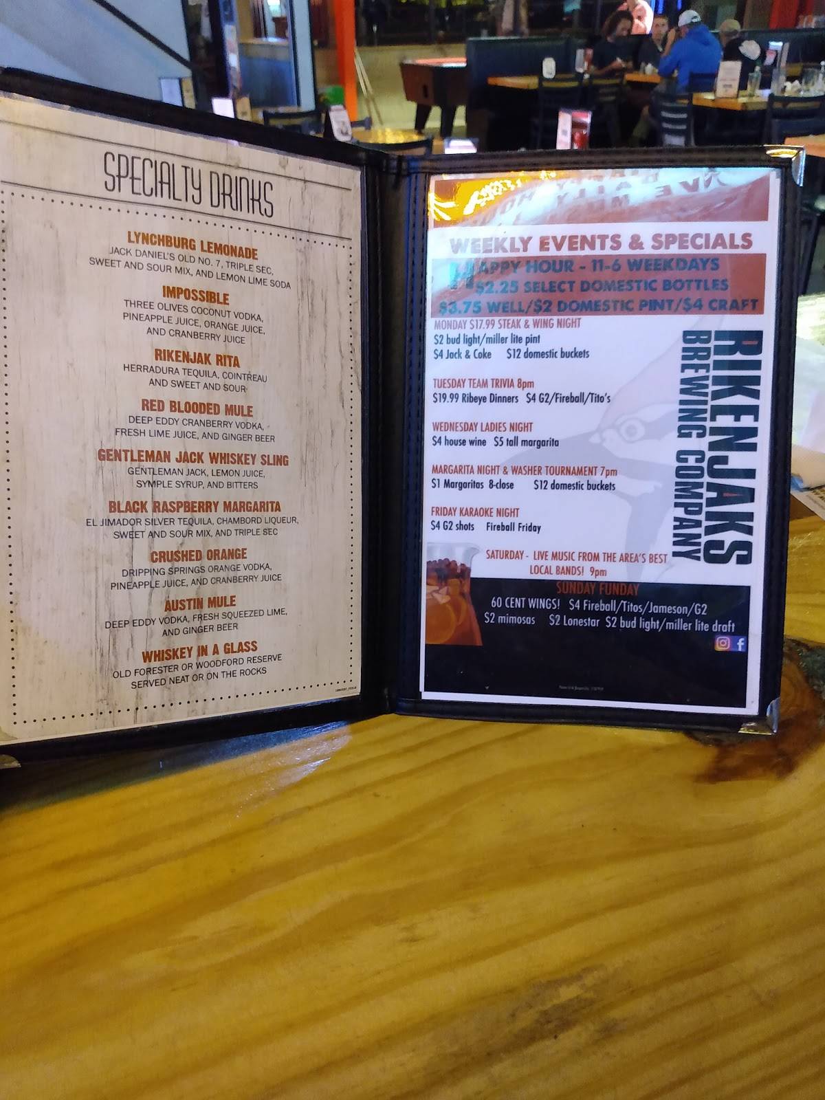 Menu at Rikenjaks Brewing Company pub & bar, Vidor