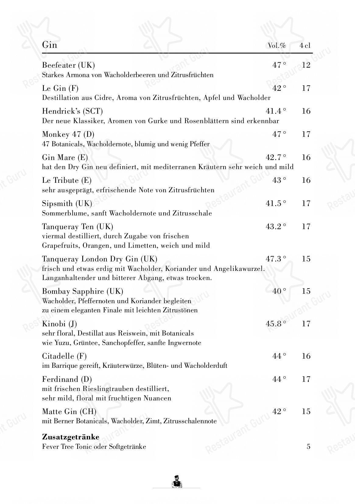 Menu at Ristorante Bianchi, Zürich