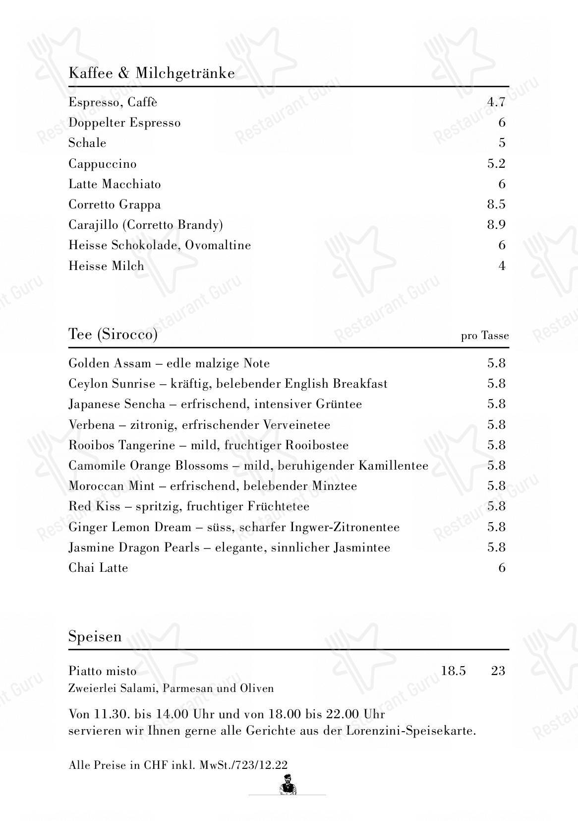 Menu at Ristorante Bianchi, Zürich