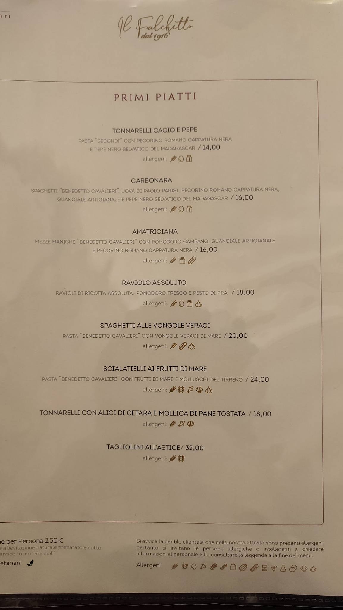 Menu at Ristorante Il Falchetto, Rome