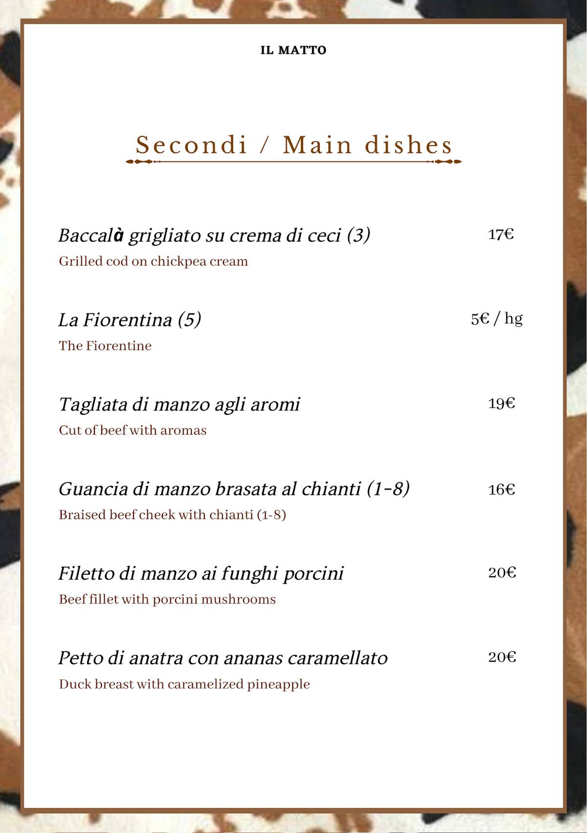 Menu da Il Matto ristorante con griglia, Capannori