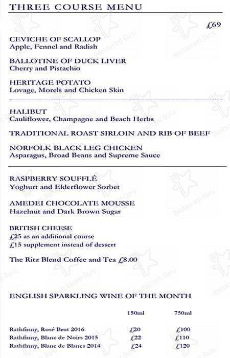 Menu at The Ritz Restaurant, London